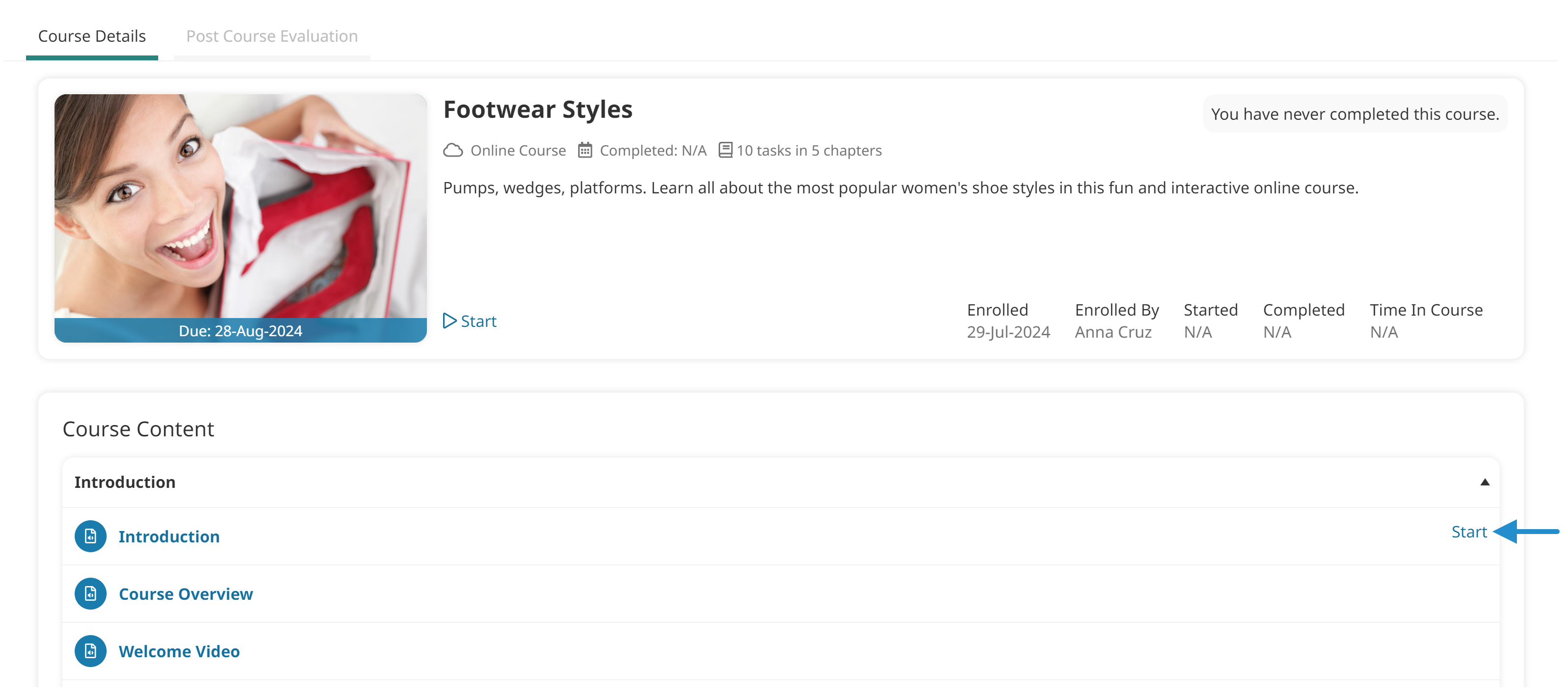 Learner Interface: Starting a Course